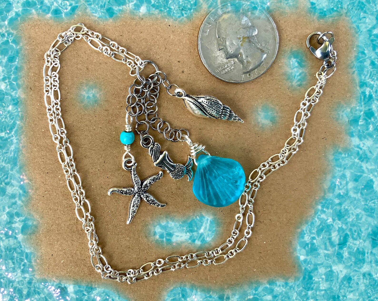 Beach shell necklace with turquoise sea glass shell mermaid | Etsy