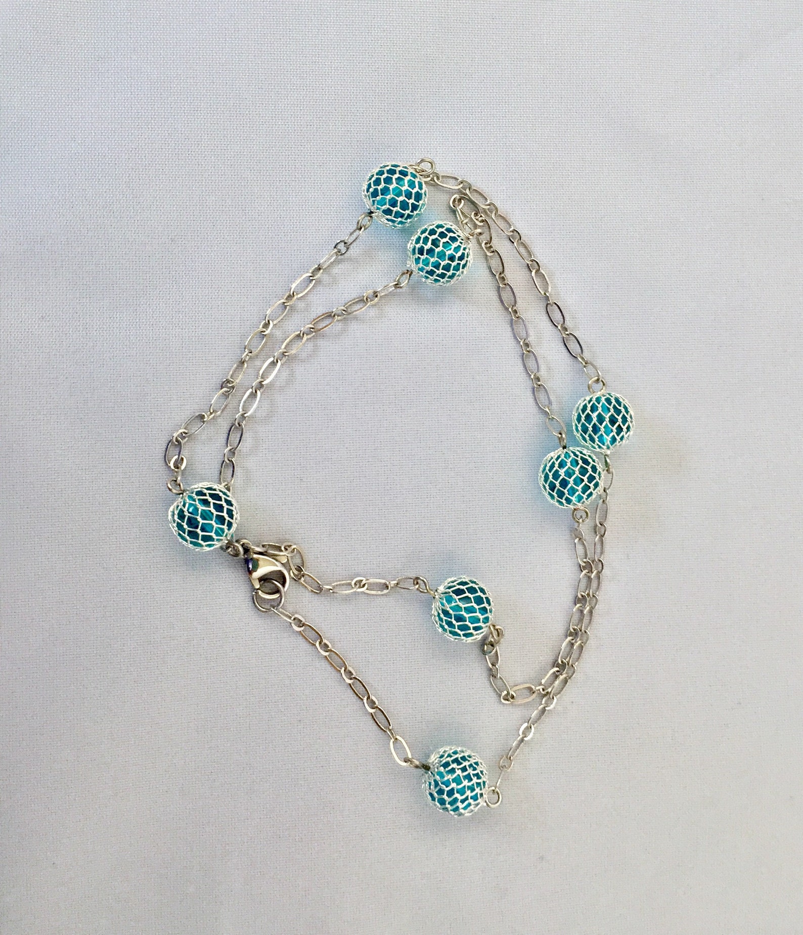Fish net bead necklace/ ocean blue and silver necklace/ flat | Etsy