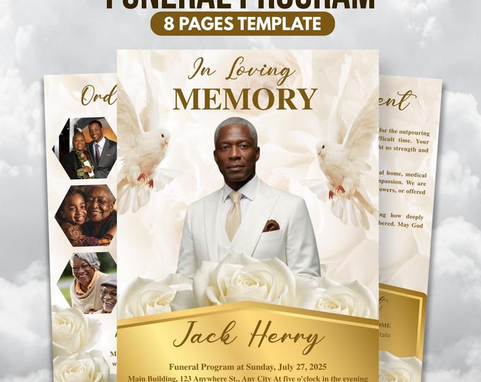 Gold & White Floral Funeral Program Template, 8-page Memorial (canva ...