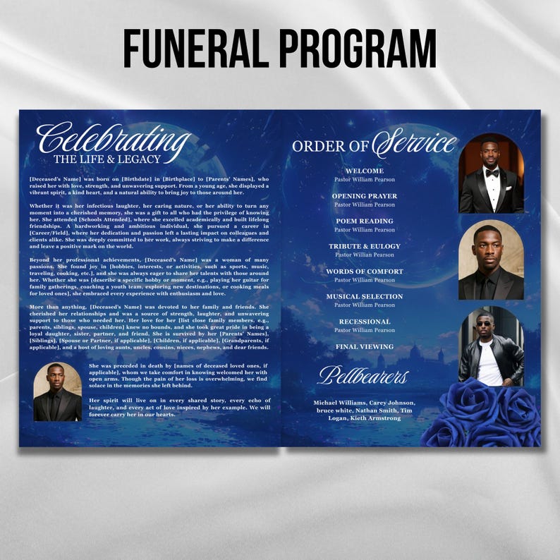 Blu Floral Funeral Program Template, 8-page Memorial (canva, PDF) - Etsy