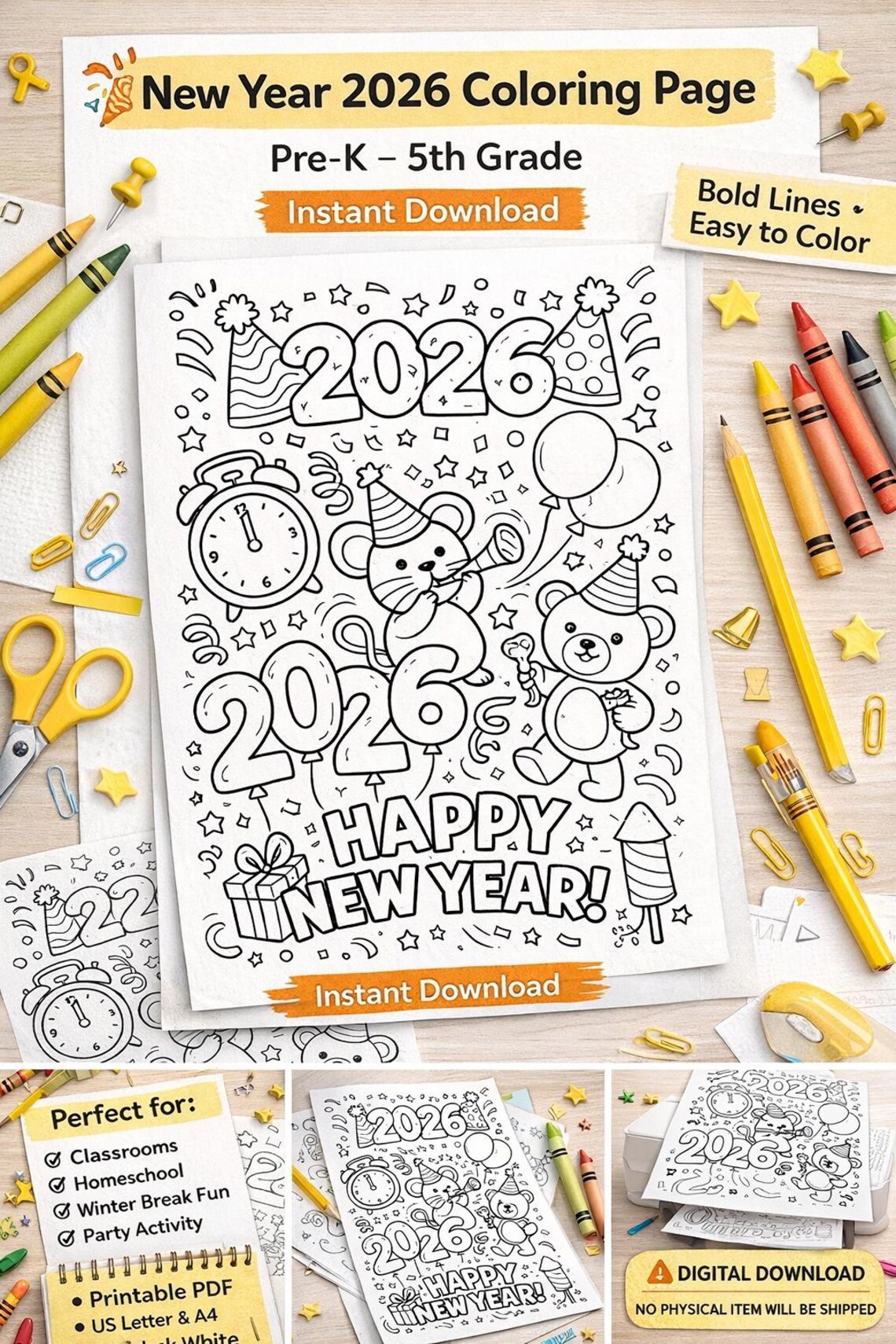 New Year 2026 Coloring Page | Printable New Years Coloring Sheet | Pre ...