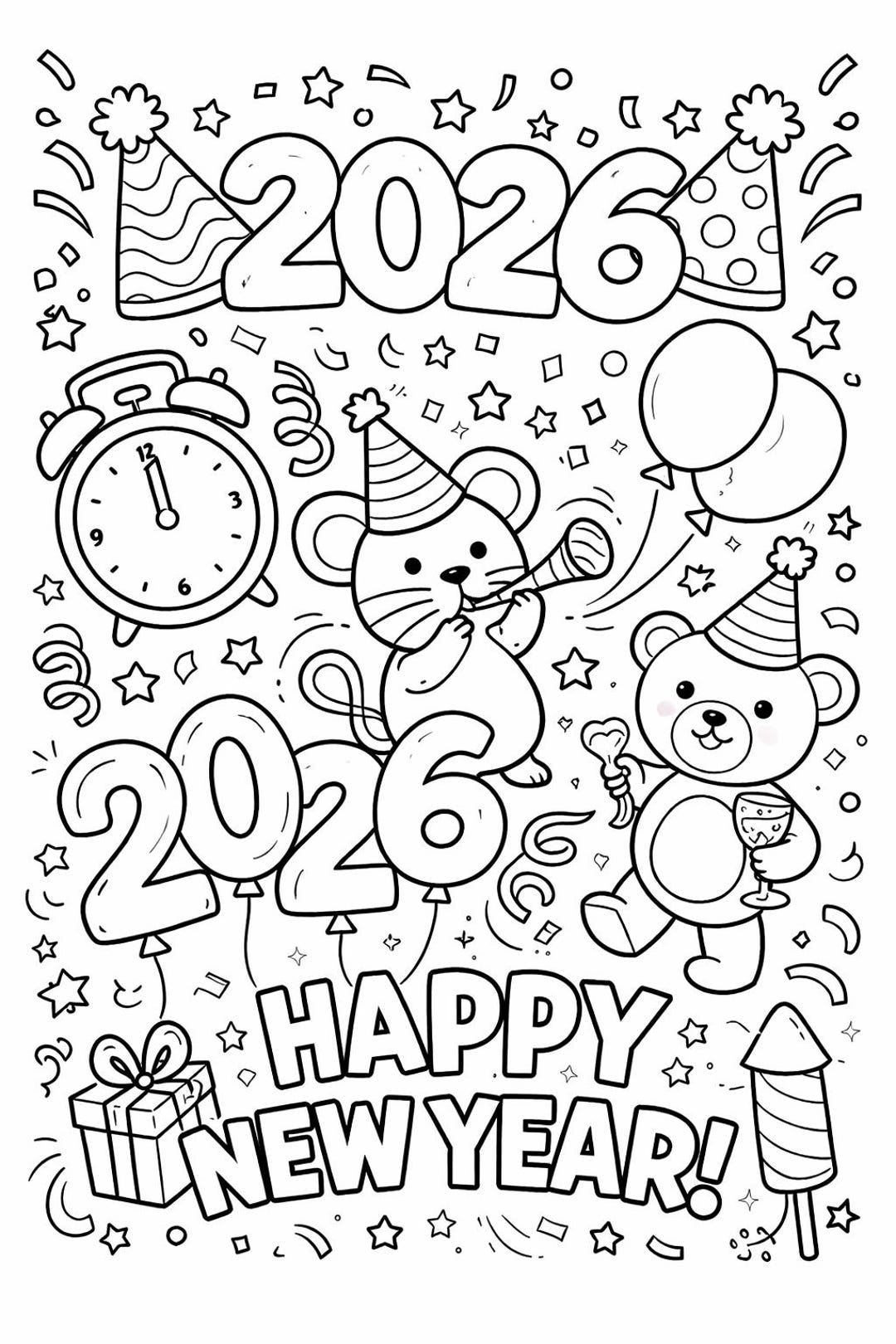 New Year 2026 Coloring Page | Printable New Years Coloring Sheet | Pre ...