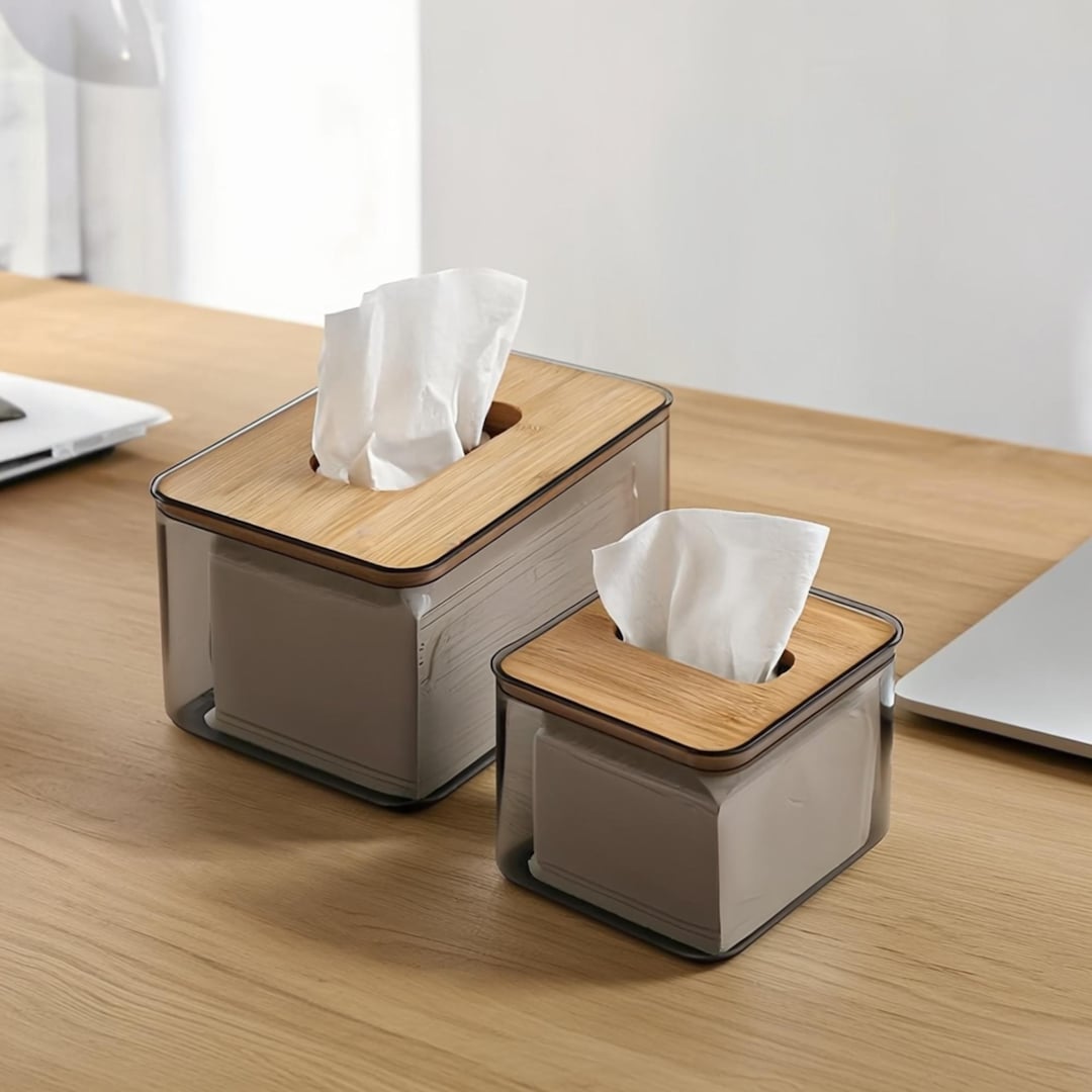 Square Tissue Box Cover With Bamboo Lid – Modern Desk and Office Tissue ...