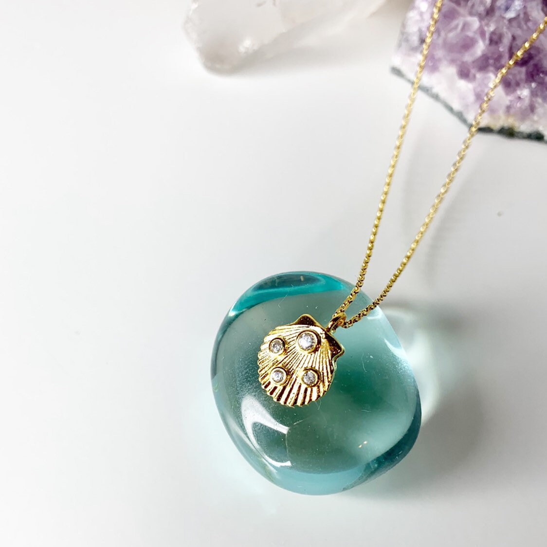 Gold Plated Shell Charm Necklace. Crystal Gold Plated | Etsy