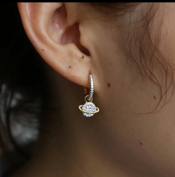 Planet Rhinestone Earrings . Planet Hoops . Charm Hoop | Etsy