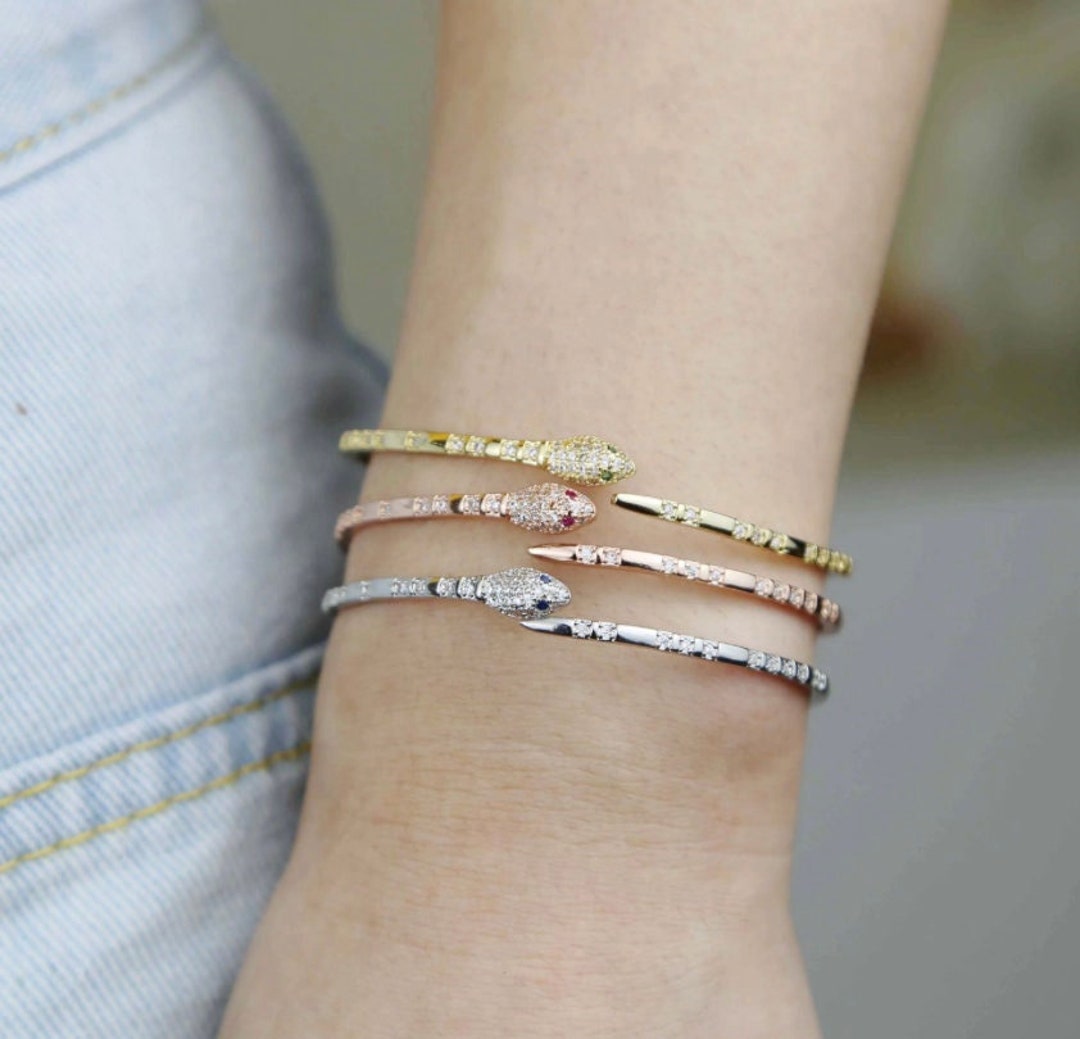 Rhinestone Snake Bracelet . Snake Bangle . Stacking Bangle . Textured ...