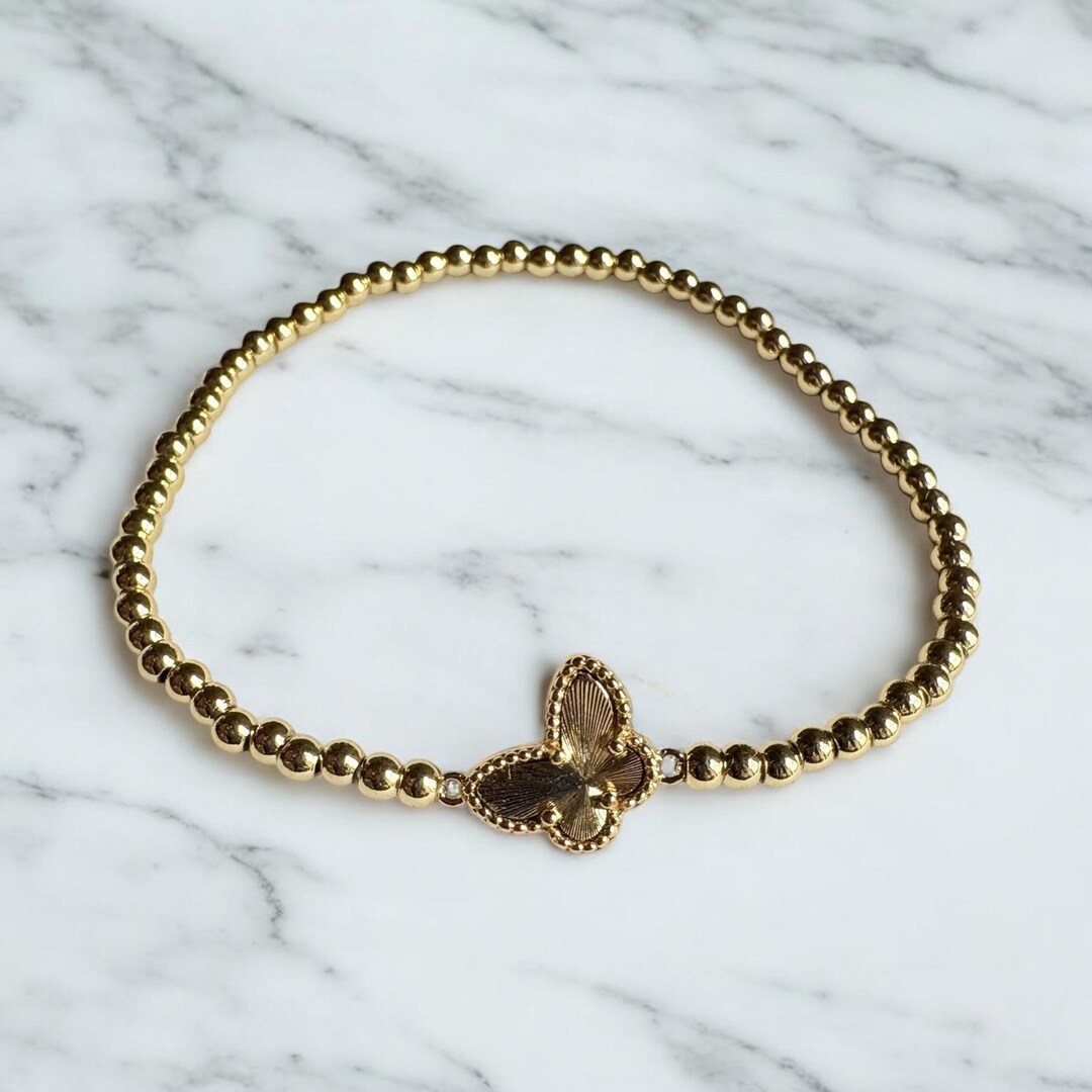 Gold Butterfly Stretch Bracelet – 14K Gold Plated, Diamond Cut Charm - Etsy