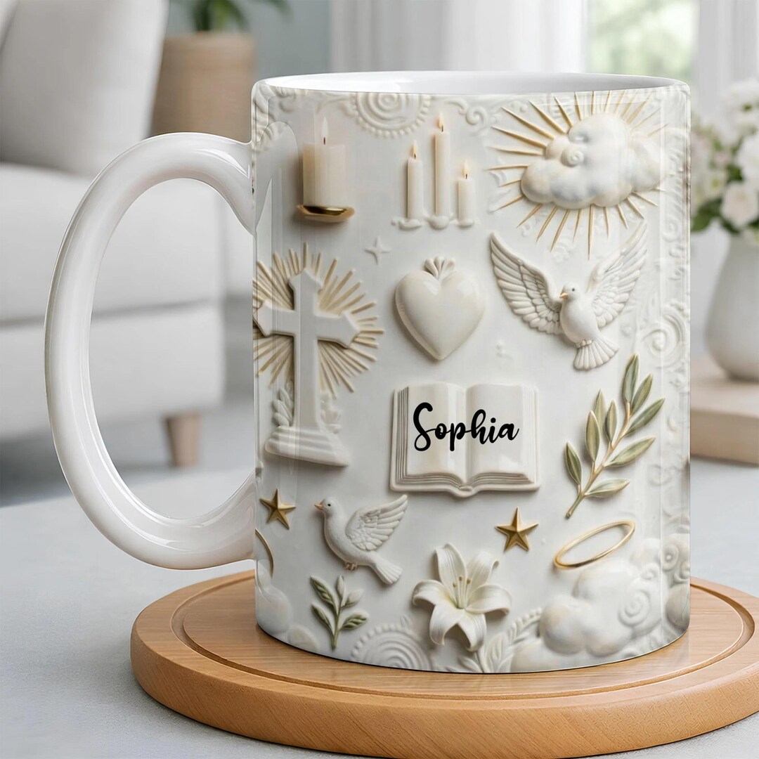 Personalized Christian 3D Effect Mug, Cross and Dove, Baptism Gift ...