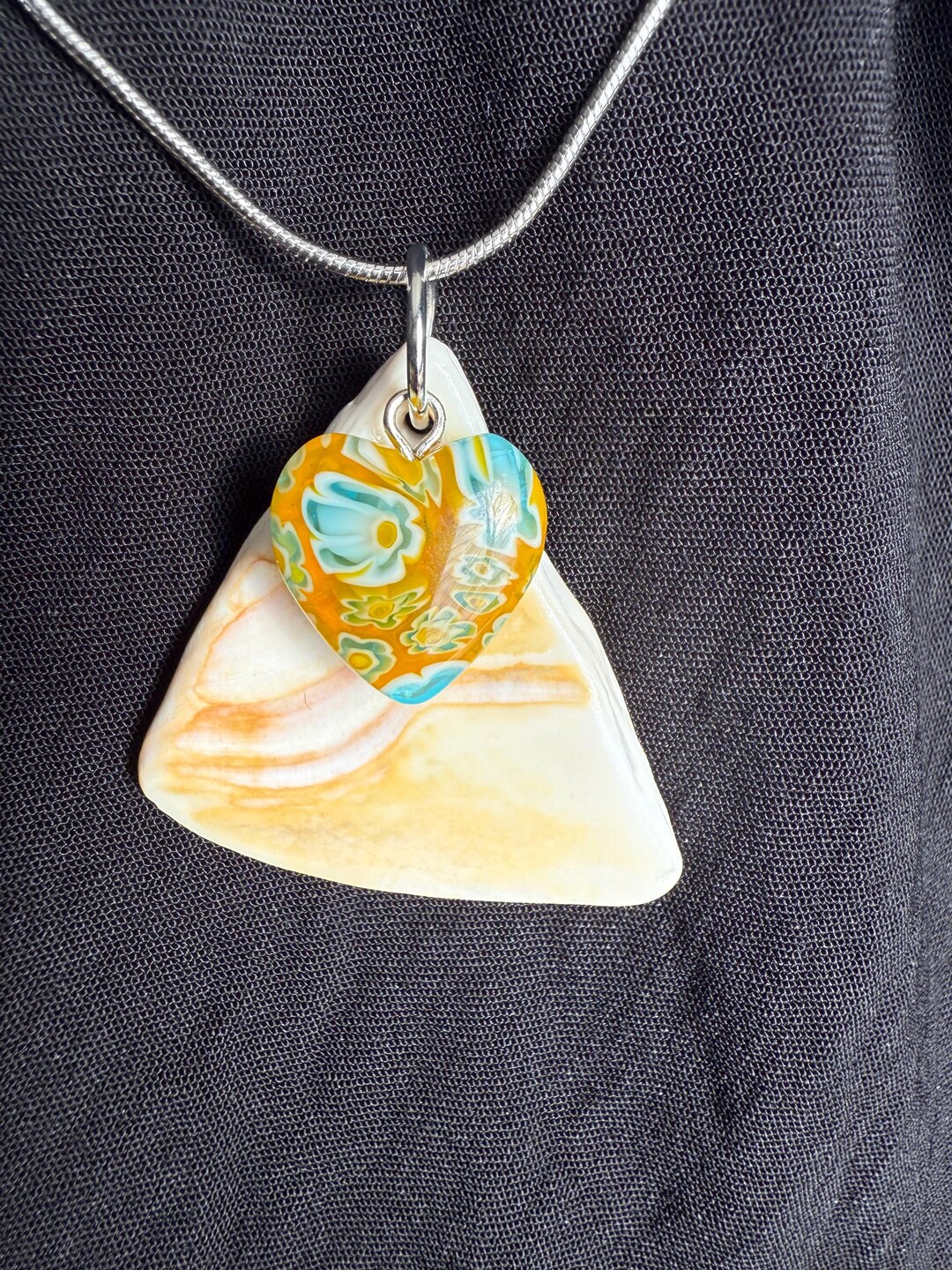 Shell Pendant 'heart of Gold' Outer Banks Wampum W/ Glass Heart Charm ...