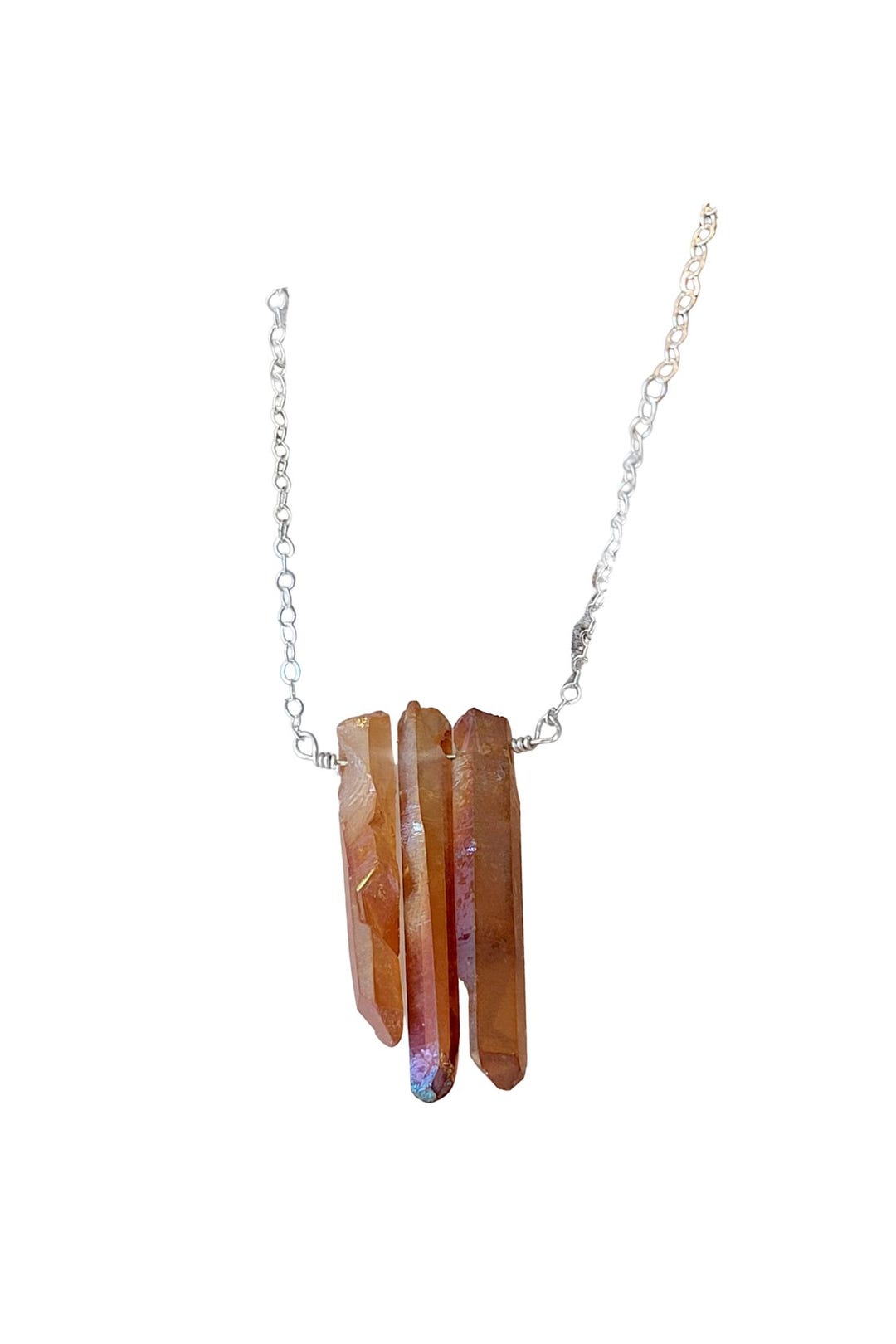 Three Raw Peach Quartz Crystal Pendant Necklace in Silver - Etsy