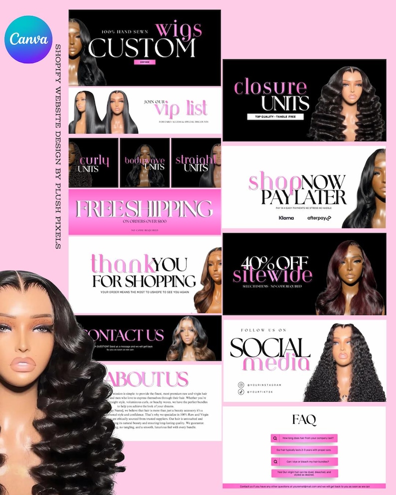 Wig Business Shopify Website Template | Editable Canva Hair Store ...