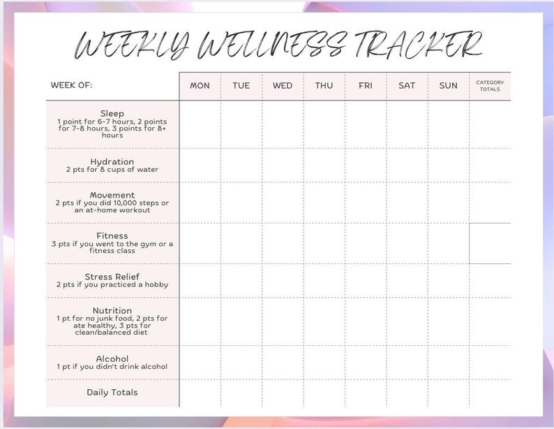 Weekly Wellness Tracker - Printable PDF - Digital Download - Etsy