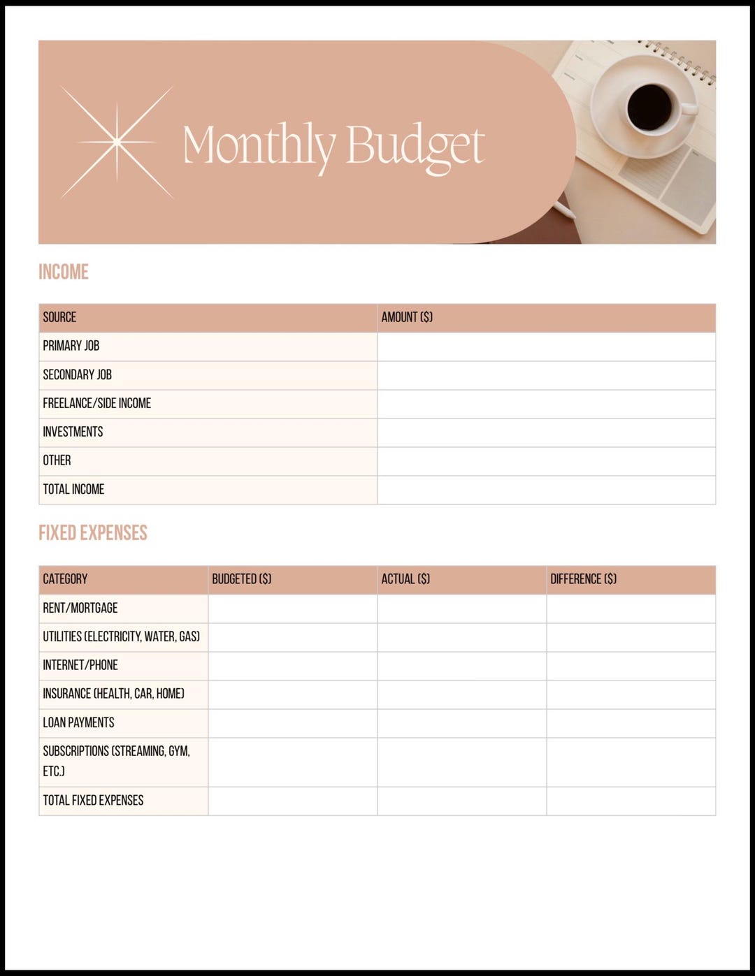 Monthly Budget Template - Digital Download - Printable PDF - Etsy