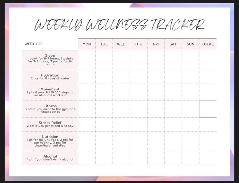 Weekly Wellness Tracker - Printable PDF - Digital Download - Etsy