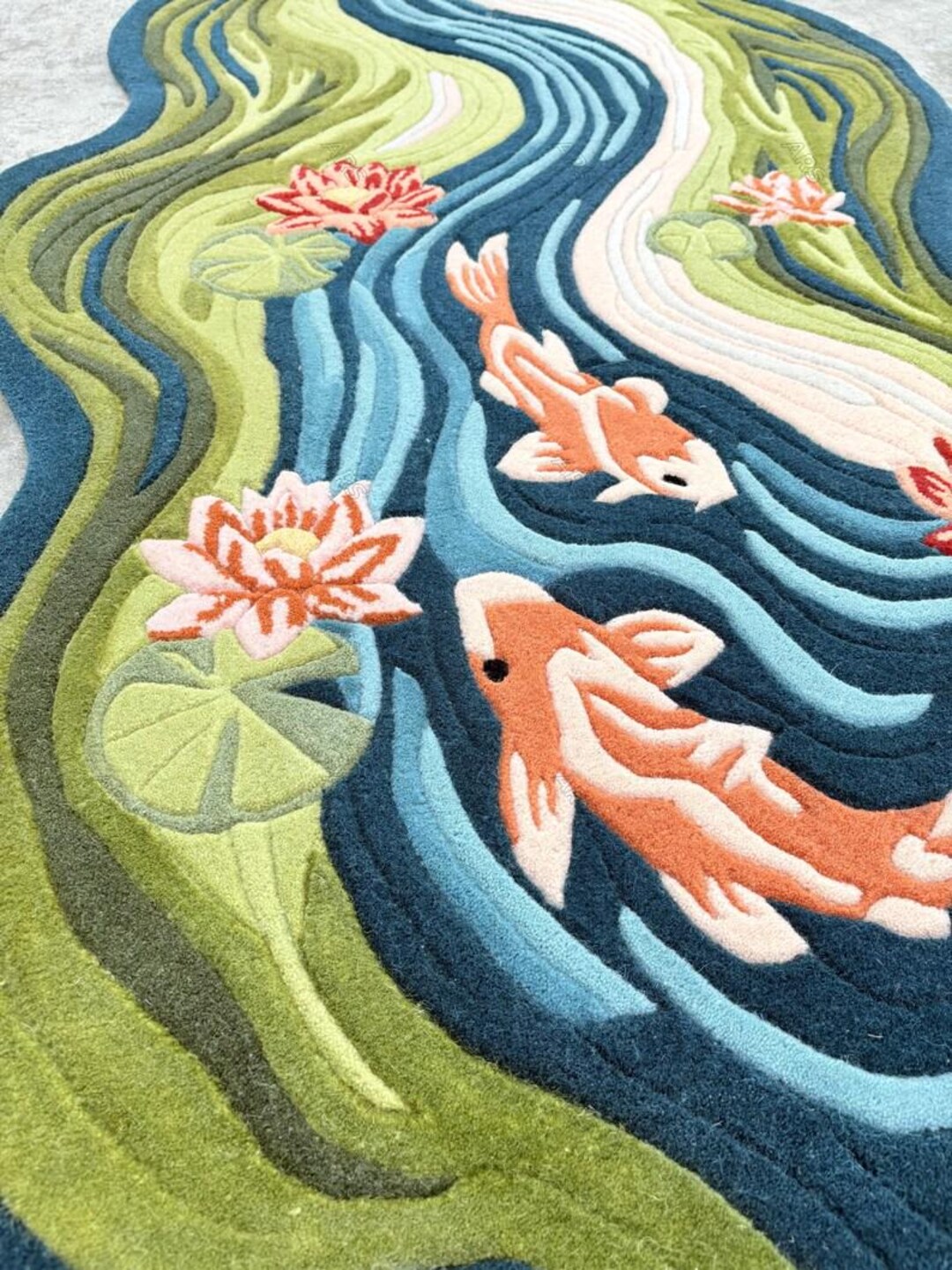 Hand-tufted Wool Koi Fish Rug | Japanese Pond Art - Etsy
