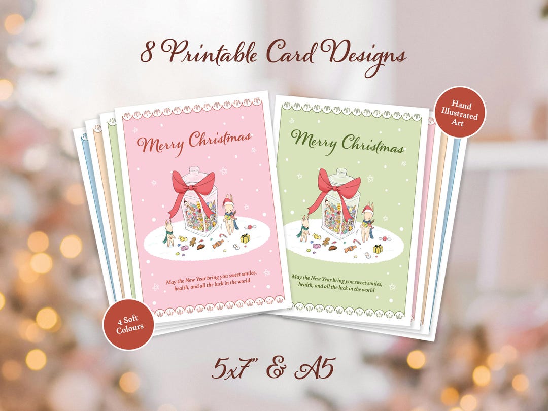 8 Bunny and Sweets Illustration Holiday Printable Card (5x7" & A5 ...