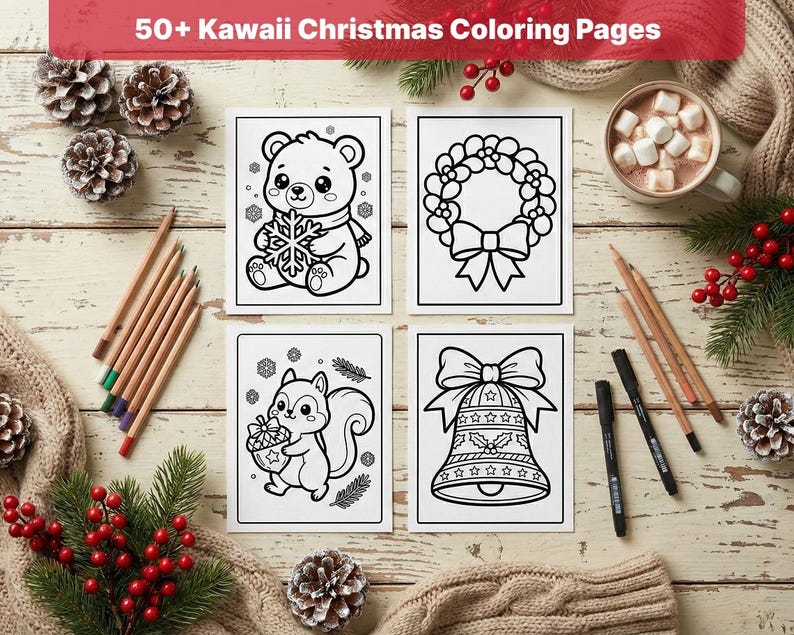 Kawaii Christmas Coloring Pages Printable, Holiday Book for Kids, 50 ...