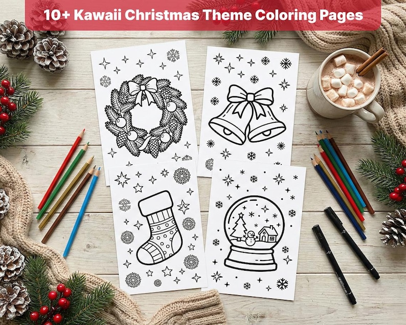 Kawaii Christmas Coloring Pages Printable, Snow Globe Bell Candle, Cute ...