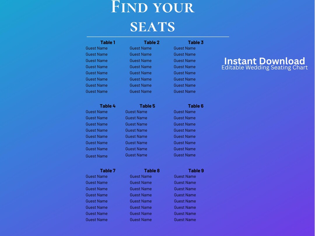 Editable Wedding Seating Chart Template • Find Your Seat Sign ...