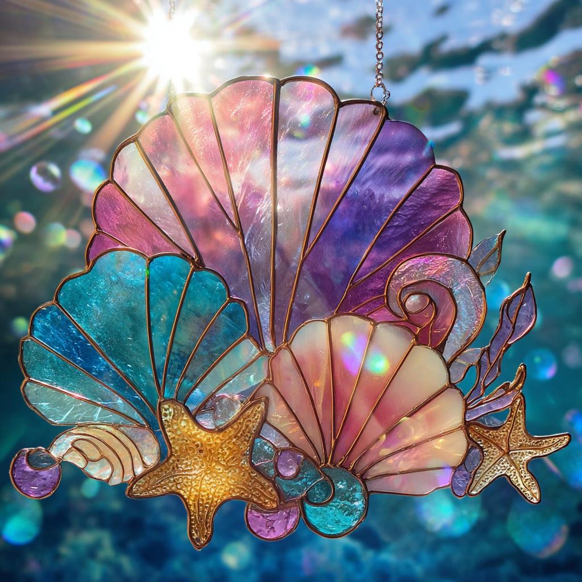 Ocean Seashell Suncatcher, Starfish Window Decor, Colorful Light ...