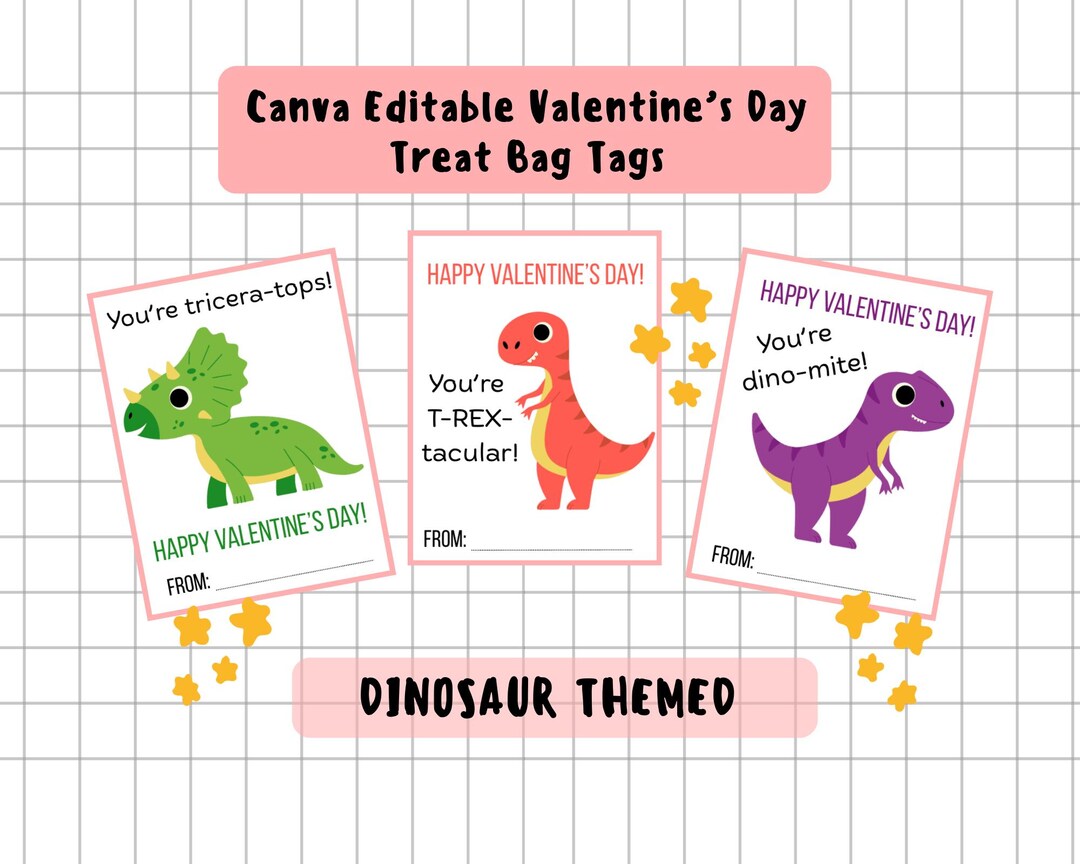 Canva Editable Valentine Treat Bag Tags | Dinosaur Themed | 3x4 ...