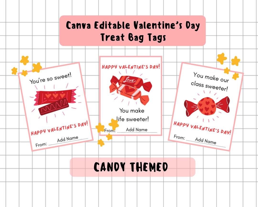 Canva Editable Valentine Treat Bag Tags | Candy Themed | 3x4 Printable ...