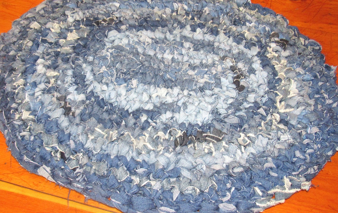 Crocheted Denim Rag Rug, 31 X 25 Inches, 1 Thick, Hand Made, Shades of ...