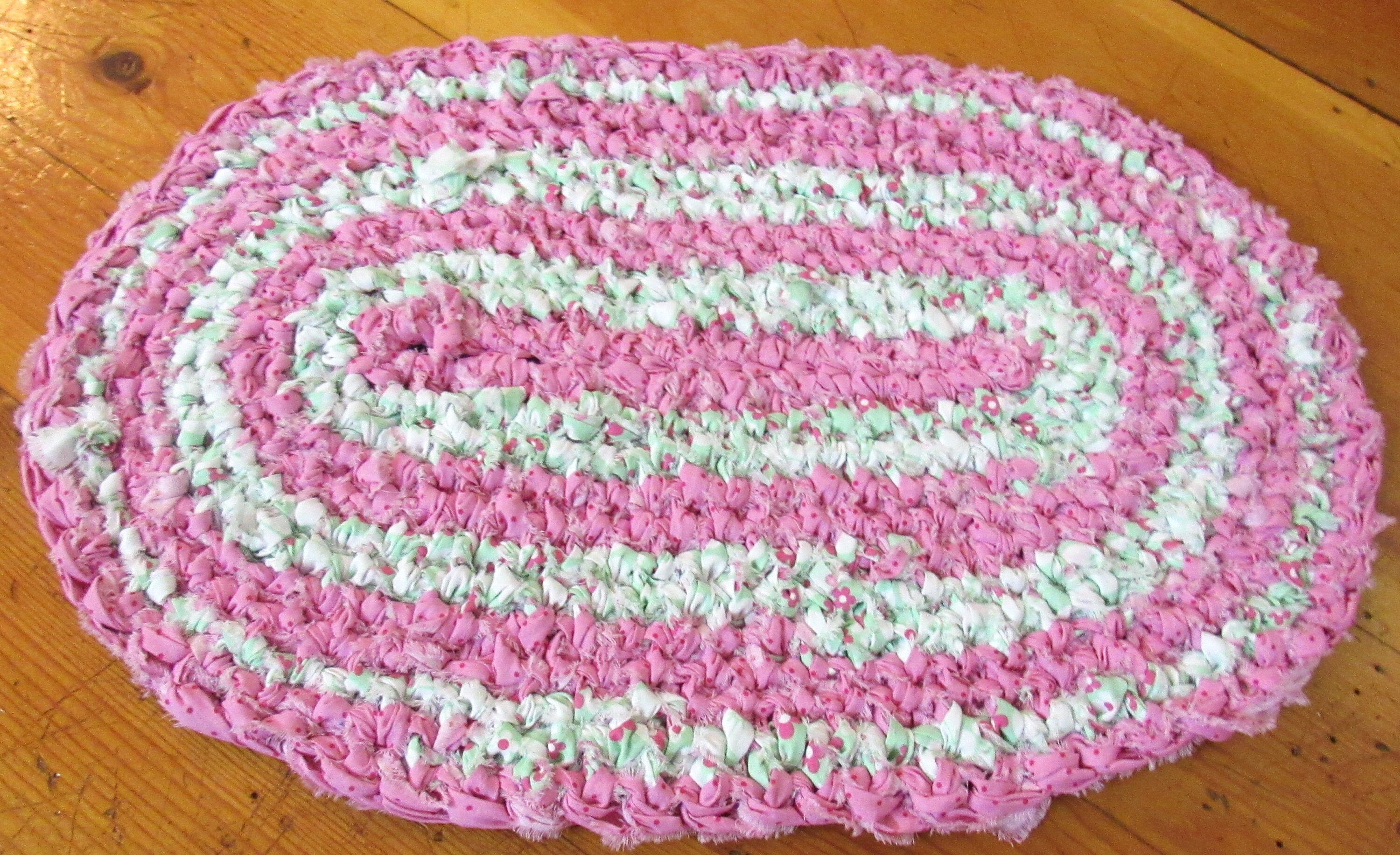 Crocheted Rag Rug, 23X15 Inches, Hand Made, New Cotton Fabric, Rose ...