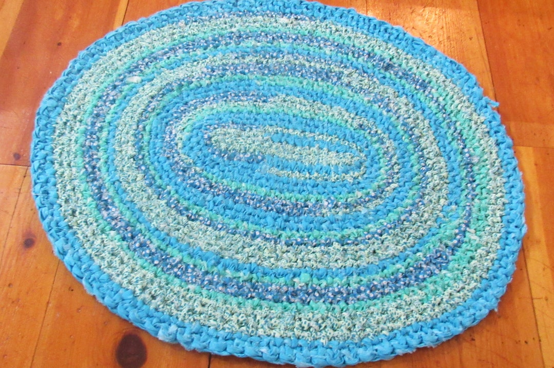 SALE Aqua & Teal Rag Rug, Crocheted Rag Rug, 39 X 33 Inches, Hand Made ...