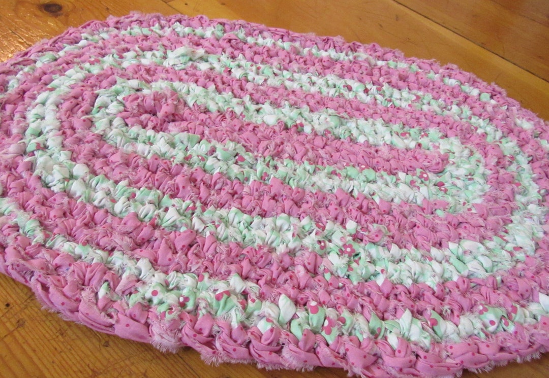 Crocheted Rag Rug, 23X15 Inches, Hand Made, New Cotton Fabric, Rose ...