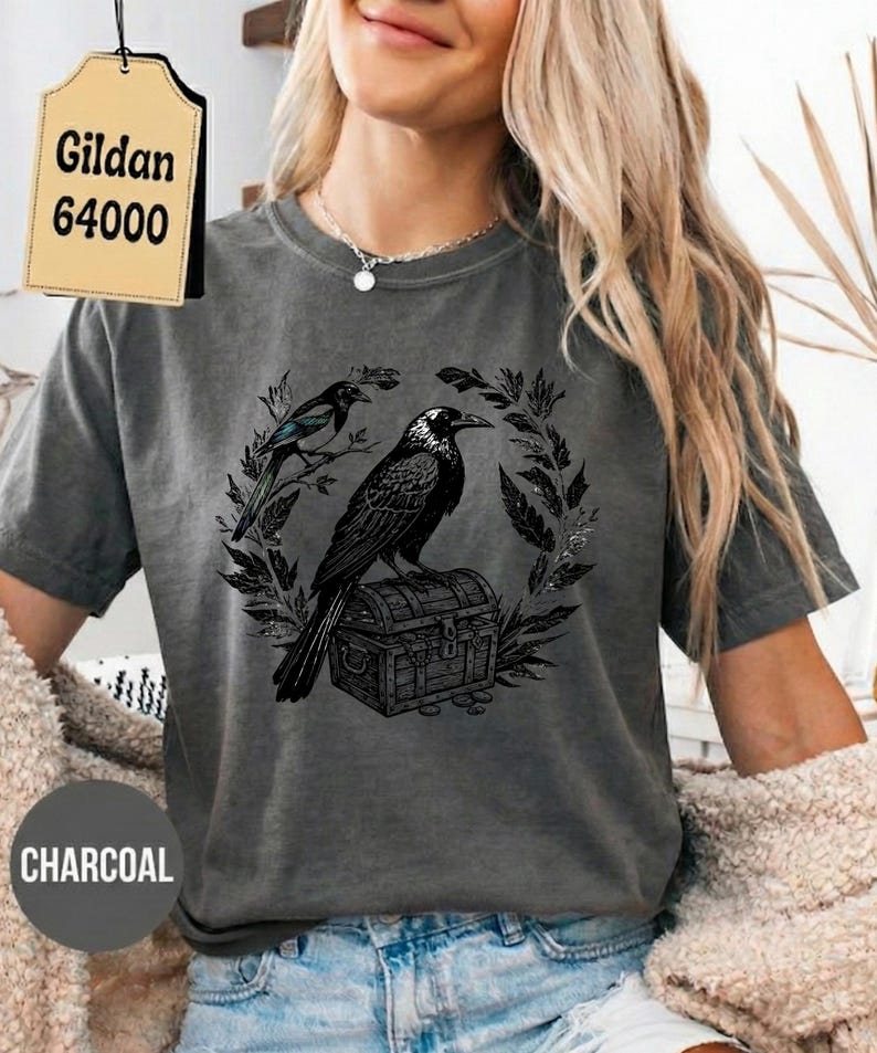 Treasure Crow & Magpie Illustration T-shirt, Vintage Gothic Bird Art ...