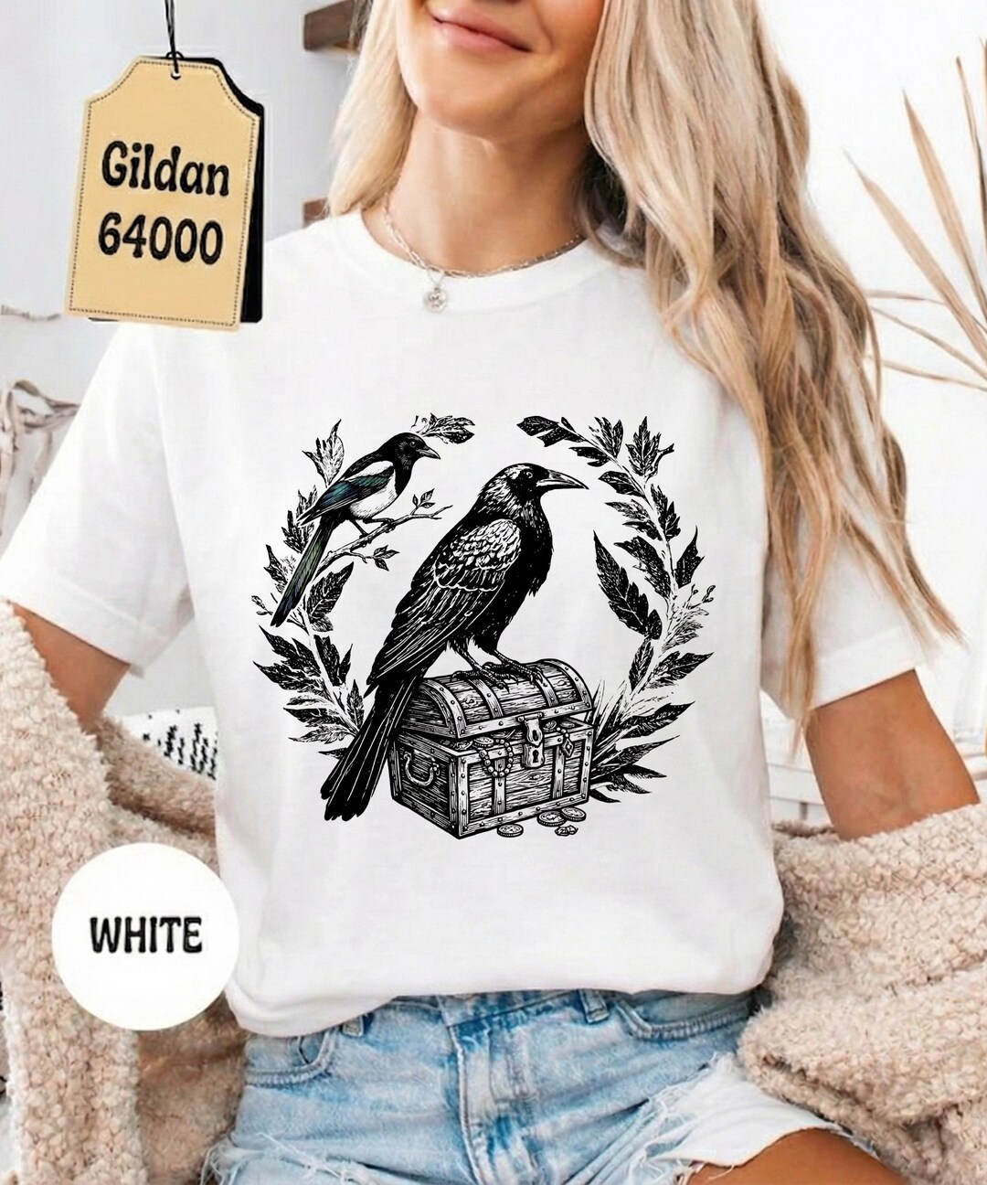 Treasure Crow & Magpie Illustration T-shirt, Vintage Gothic Bird Art ...
