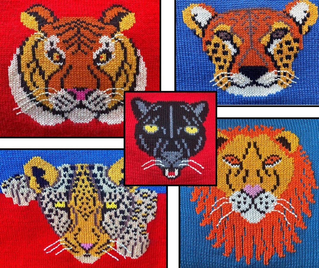 Big Cats KNITTING CHARTS in PDF; 5 Charts for a Black Panther, Cheetah ...