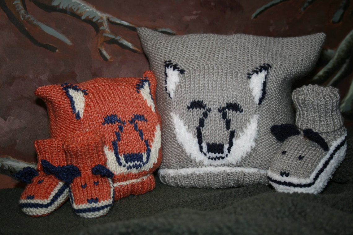BABY KNITTING PATTERN in Pdf - Fox and Wolf Cub Baby Hat and Booties - Etsy