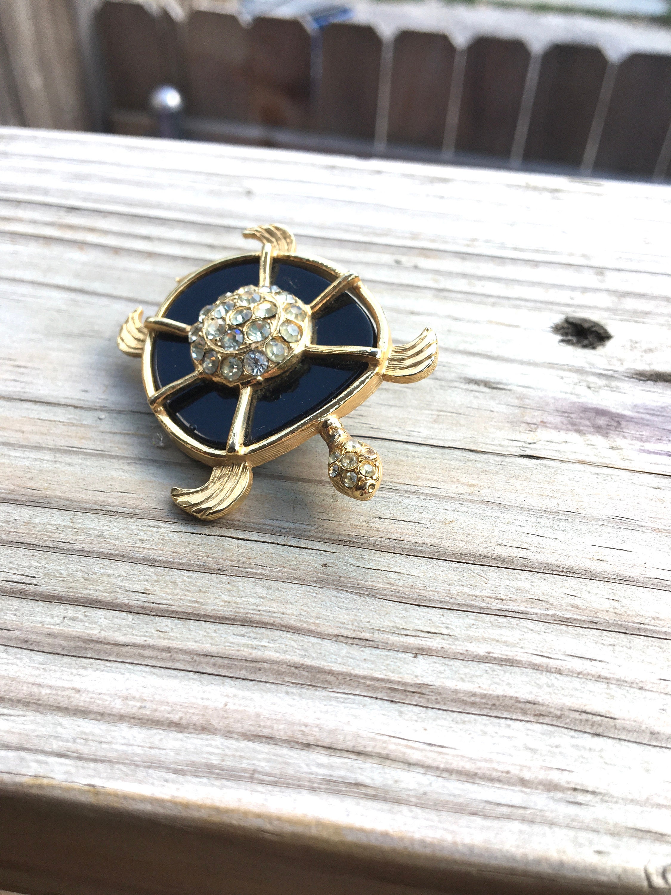 Rare Coro Rhinestone Turtle Brooch Black Enamel VTG Designer Figural ...