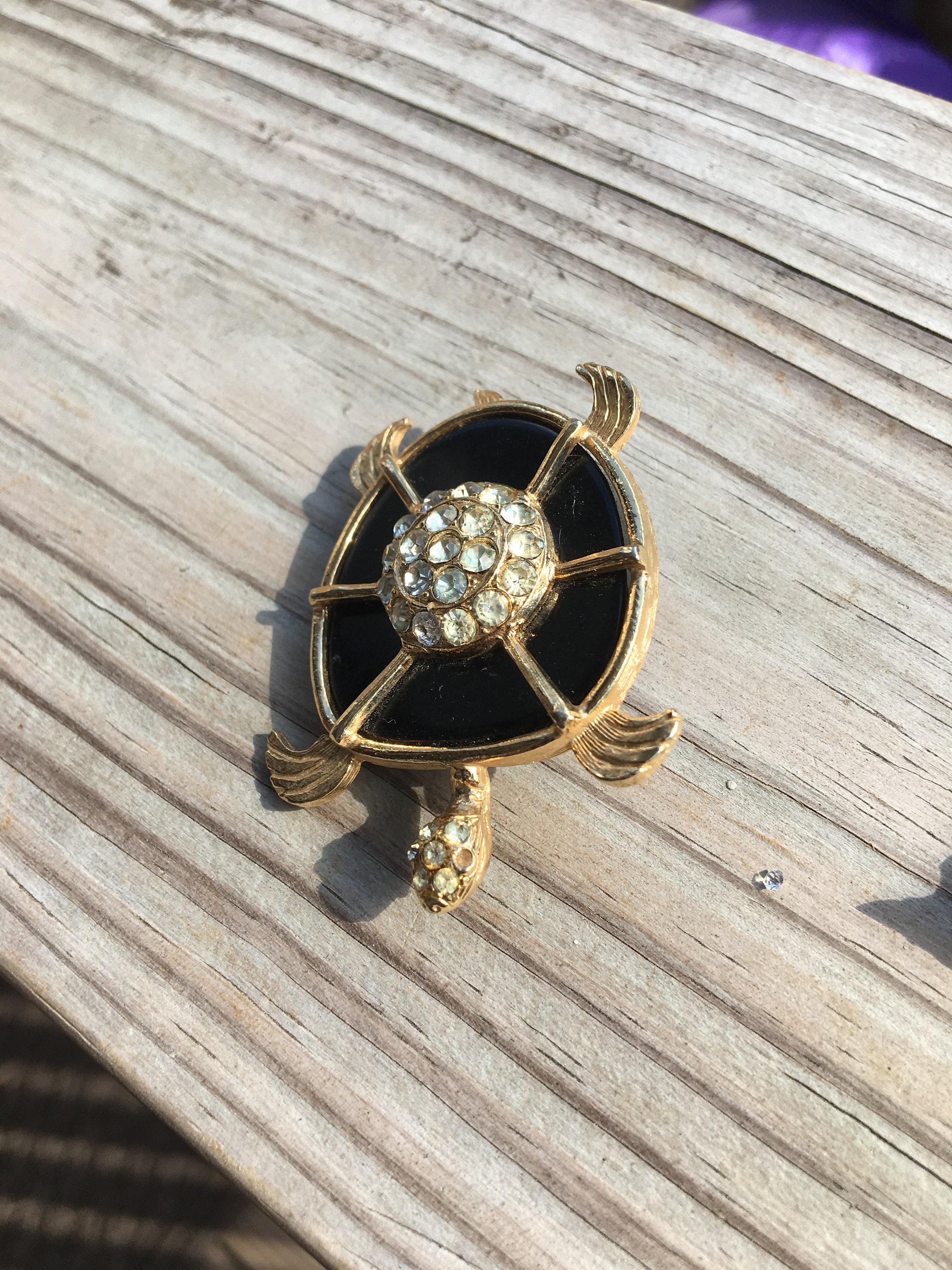 Rare Coro Rhinestone Turtle Brooch Black Enamel VTG Designer Figural ...