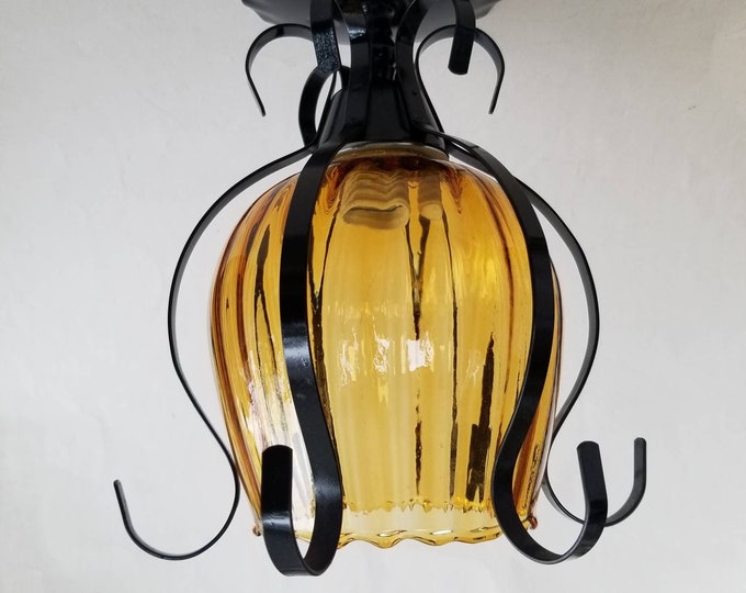 Amber Glass Ceiling Light With Metal Frame / Ribbed Amber Glass Shade ...