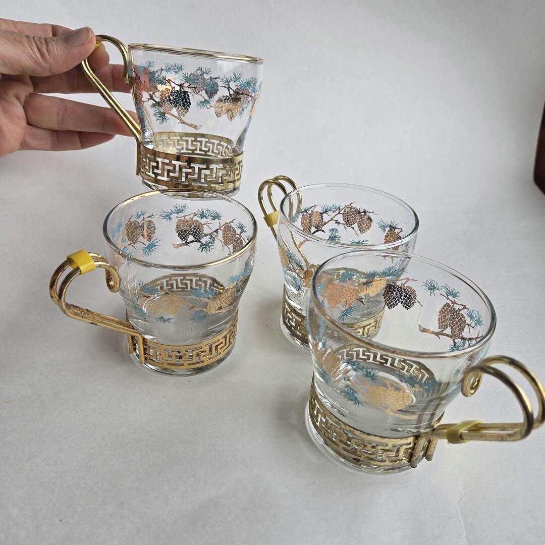 Set of 4 Libbey Gold and Turquoise Coffee Cups / 1960s David Douglas ...