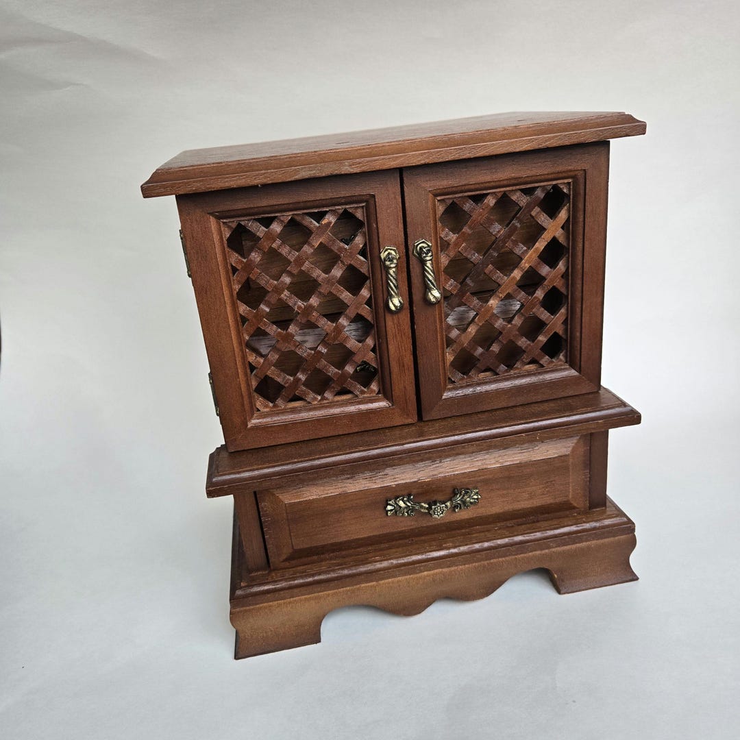 Three Drawer Lattice Door Wooden Jewelry Box / Mid Century Wood Jewelry ...