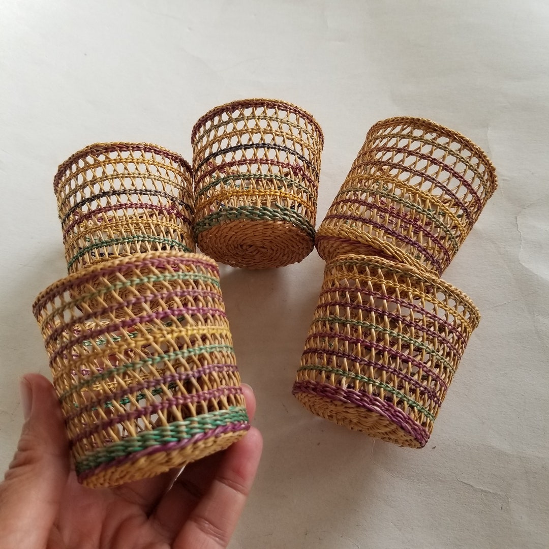 Set of 5 Wicker Cup Holders / Woven Wicker Glass Sheathes / Rattan ...