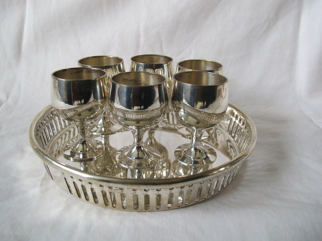 Silverplate Goblet and Tray Set (7 Piece Set) / Small Metal Goblets ...