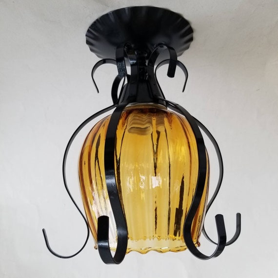 Amber Glass Ceiling Light With Metal Frame / Ribbed Amber | Etsy