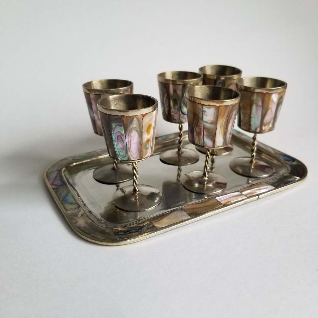 Abalone and Alpaca Silver Cordial Glass With Tray Set / Stemmed Silver ...