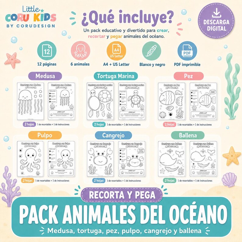 Ocean Animals Craft Pack to Cut and Paste | Coloring Activities ...