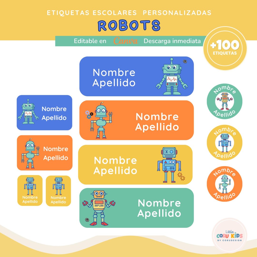 Robot School Labels | Personalized | Editable in Canva | Printable - Etsy