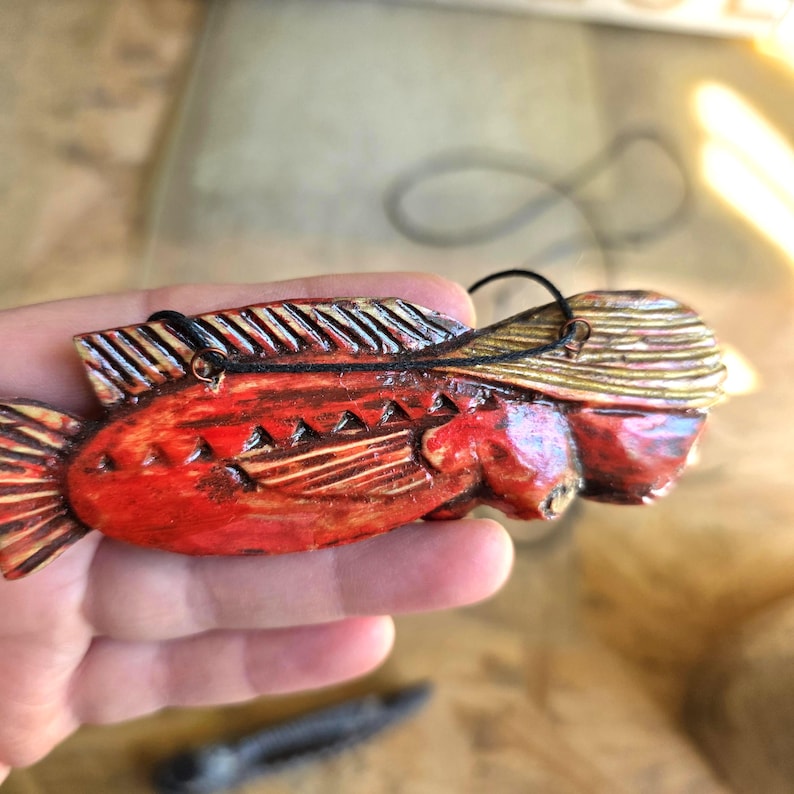 Hand Carved Wooden Fish Talisman, Hand Painted Nautical Decor, Living ...