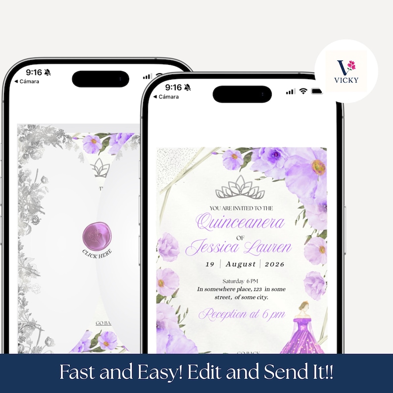 Lilac Silver Quinceañera Website Invitation | Editable Canva Template ...
