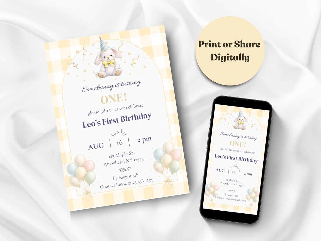 Somebunny Turns One Birthday Invitation, Yellow Bunny Theme (canva ...