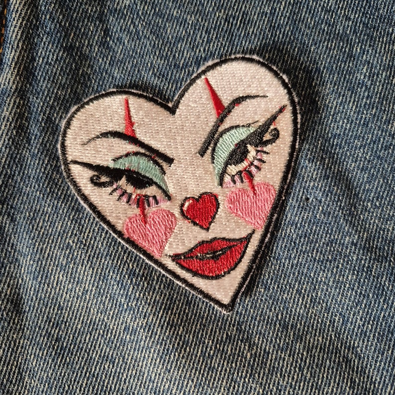 Retro Tattoo Style Heart Shape Clown Face Iron on Embroidered Patch ...