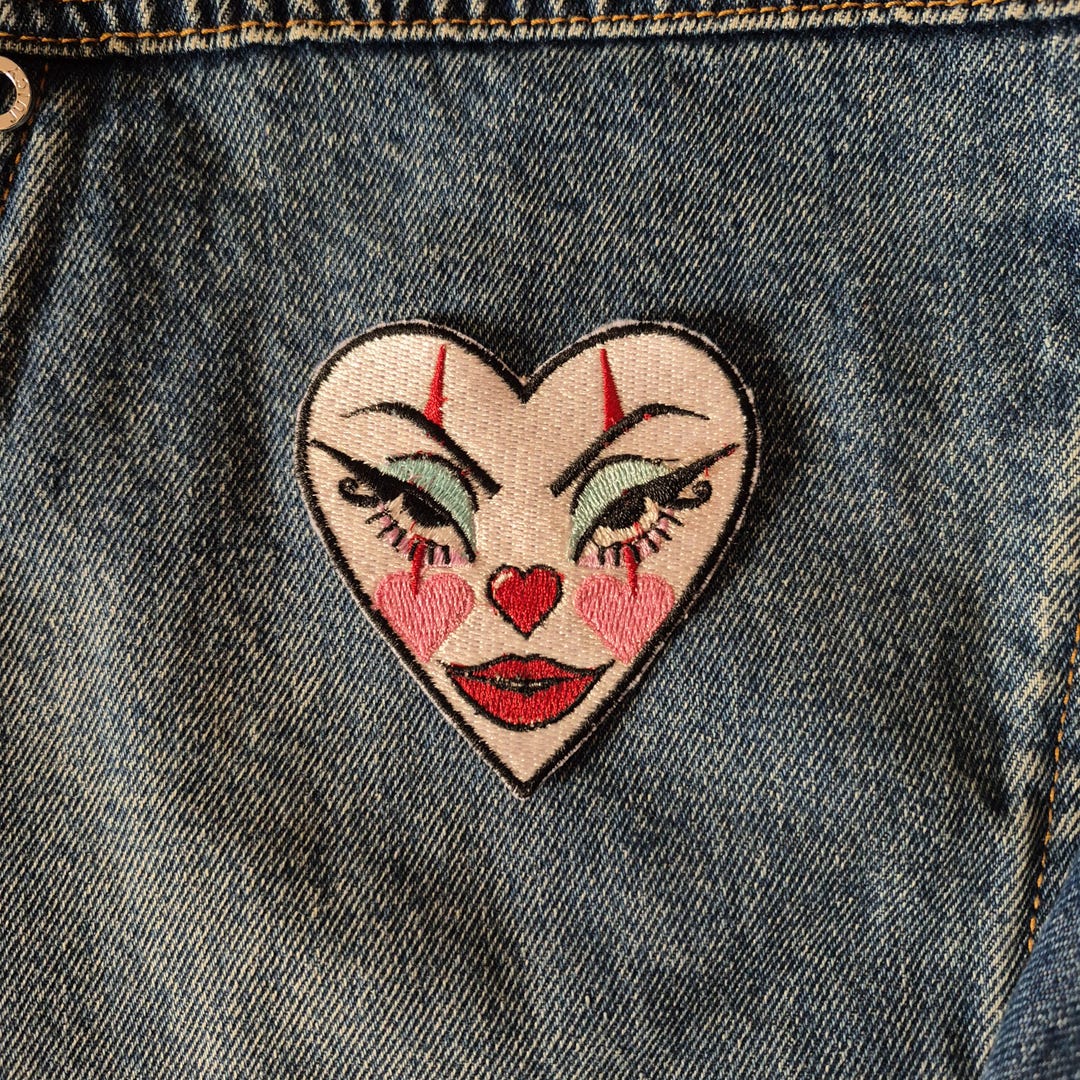Retro Tattoo Style Heart Shape Clown Face Iron on Embroidered Patch ...